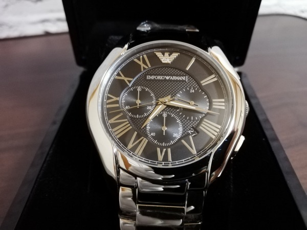 1円スタート EMPORIOARMANIエンポリオアルマーニ腕時計シルバー銀AR11083高級黒クォーツ男メンズ紳士ビジネスクロノグラフ箱付き ...