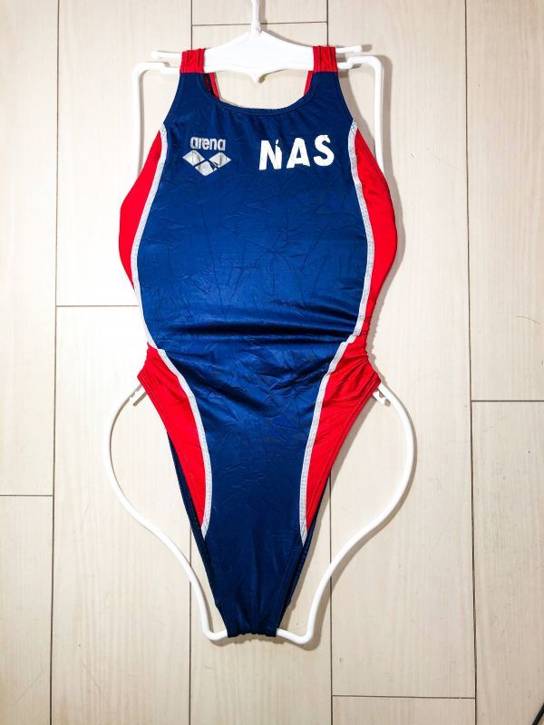 9アリーナ女子競泳水着M 9 初期NUXリミックOAR-5041W 特注NASスイミングクラブマーキング超光沢ネイビーブルー ハイレグオープン ...