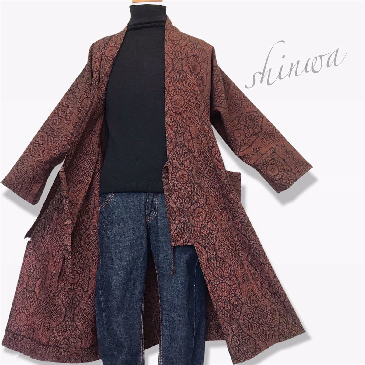 心和 着物リメイク 作務衣コート ガウンコート ポケット付 和装 ロング カーディガン 総柄 男性 Lサイズ 赤茶 ハンドメイド B1014(作務衣)｜売買されたオークション情報、yahooの ...