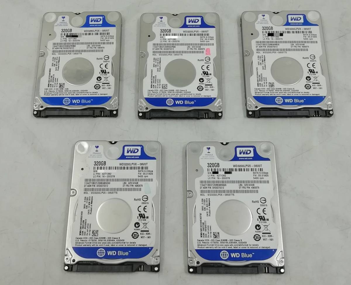WesternDigital WDC WD3200LPVX-08V0TT5 2.5インチ HDD SATA 320GB 5枚セット 使用時間 ...