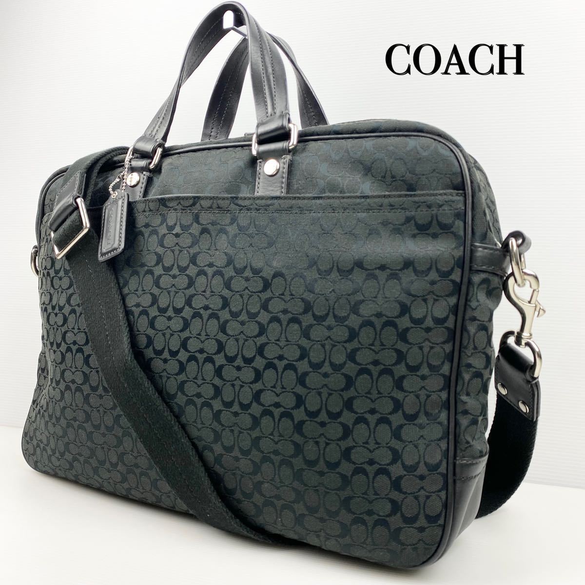 1円 COACH コーチ メンズ ブリーフケース ビジネスバッグ A4収納 2way 肩掛け キャンバス シグネチャー チャーム ブラック 黒 ...