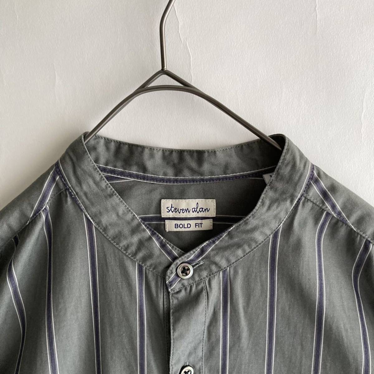 steven alan BOLD FIT 日本製 スティーブンアラン バンドカラー 長袖 シャツ ストライプ ボックスシルエット グレー系 ...