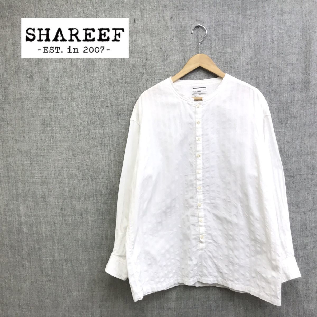 S989-N 日本製 SHAREEF シャリーフ デザイン長袖シャツ ノーカラー プルオーバー size2 ホワイト ストライプ コットン 身幅ひろめ(Mサイズ)｜売買されたオークション情報 ...