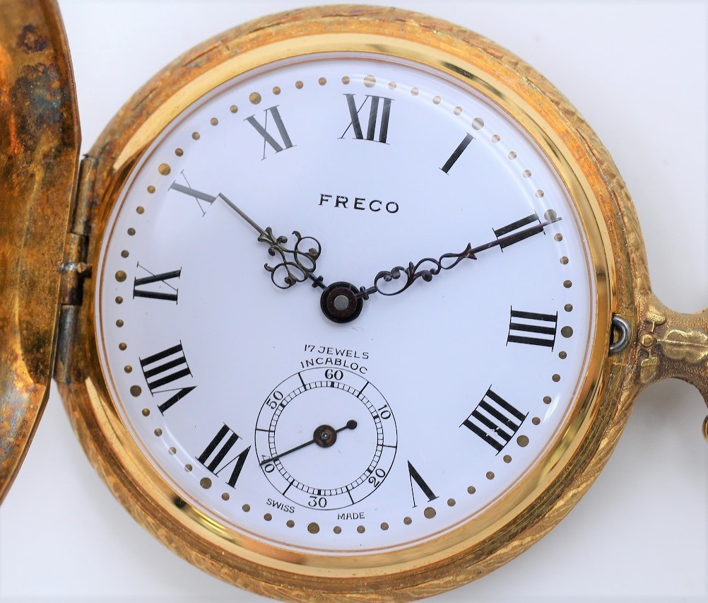 行董 稼働 懐中時計 FRECO フレコ 17石 INCABLOC 手巻き ホワイト文字盤MTゴールド ハンターケース スモセコ ゆうパック ...
