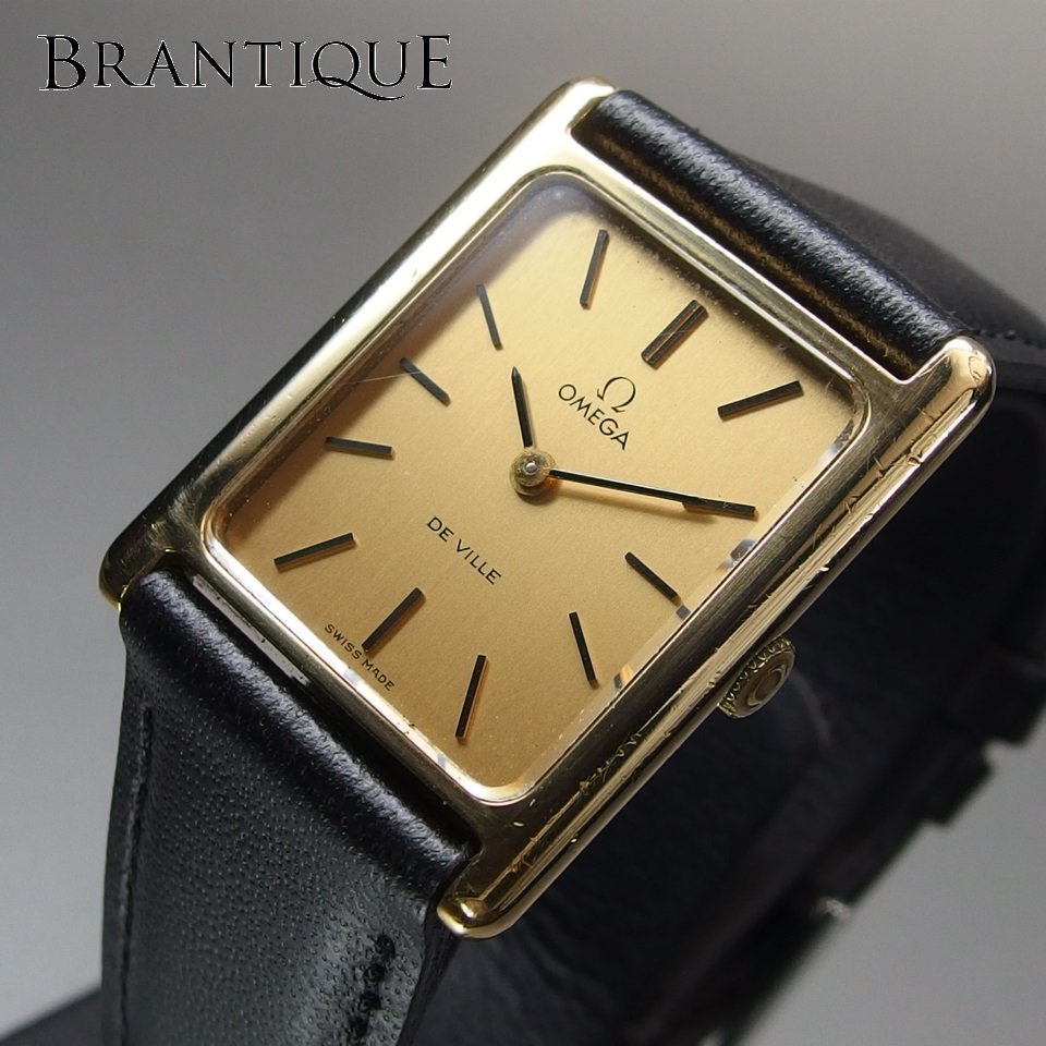 OMEGA オメガ DeVille デビル 手巻 GP/革 ゴールドカラー スクエア 文字盤 2針 社外ベルト シンプル メンズ 腕時計 ...