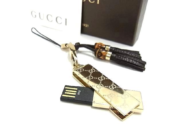 1円 同様 GUCCI グッチ バンブー レザー USB メモリ 8GB キーホルダー 携帯ストラップ ダークブラウン系×ゴールド系 ...