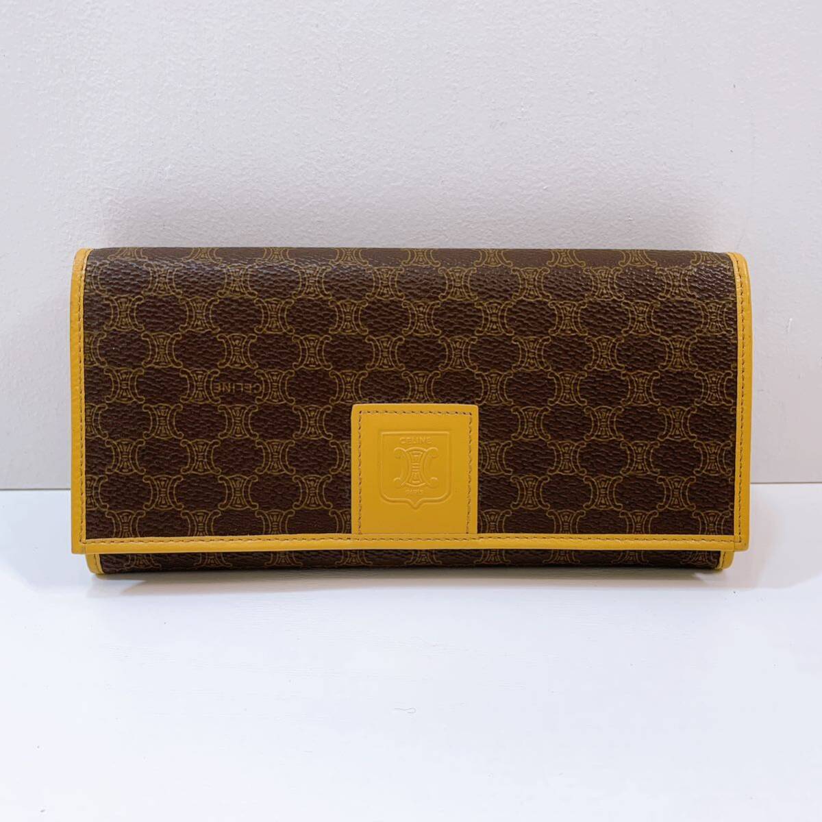 352 CELINE セリーヌ 長財布 マカダム柄 M16 1 二つ折り ウォレット レザー ブラウン がま口 小銭入れ ゴールド金具 現状品 ...