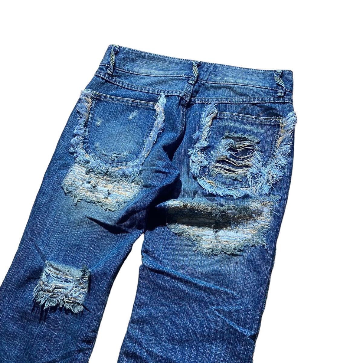 00s japanes label grunge side fringe flare crash denim trousers archive ...