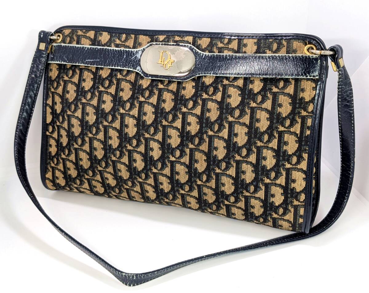 Christian Dior/オールドディオール トロッター ショルダーバッグ レザー×キャンバス ネイビー ECLAIR製ファスナー ...