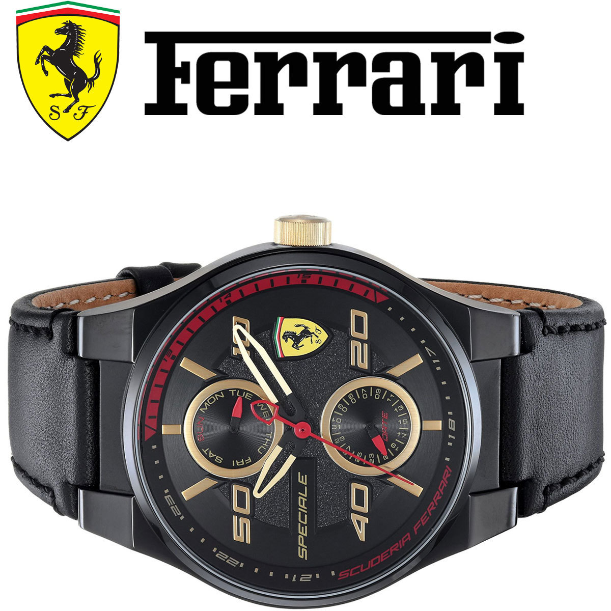 1円 フェラーリ公式ウォッチ 50m防水スクーデリアSCUDELIA FERRARI 本革ベルト ブラックフェイス 腕時計 MOVADO ...