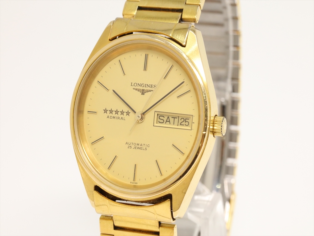 稼働品 ロンジン/LONGINES 自動巻き アドミラル スイス製 デイデイト 25石 ゴールド文字盤 ラウンド メンズ腕時計 U344 ...