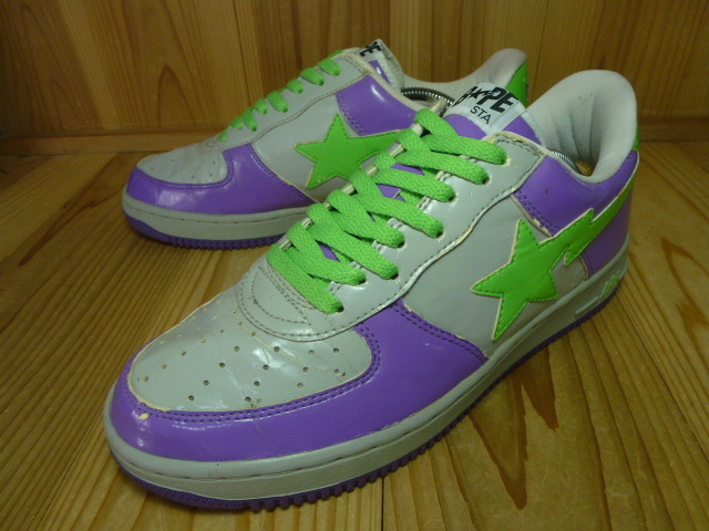 A BATHING APE エイプ BAPESTA ベイプスタ エナメル グレー×紫×黄緑 28.5m Used 検 スニーカー NIGO ...