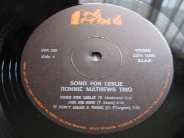 RONNIE MATHEWS SONG FOR LESLIE RED RECORD VPA 162 Italy ORG盤LP(ジャズ一般 ...