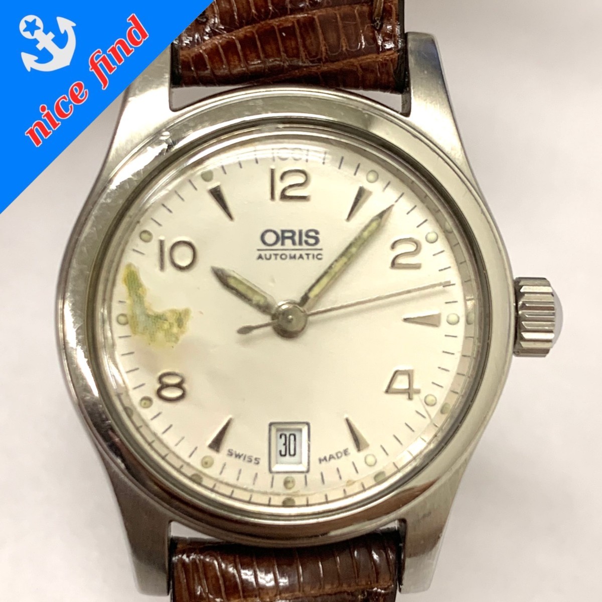 オリス ORIS 7510 自動巻き オートマチック 腕時計 レディース ウォッチ シルバー文字盤 デイト 裏スケ SS レザーブレス 不動品 ...