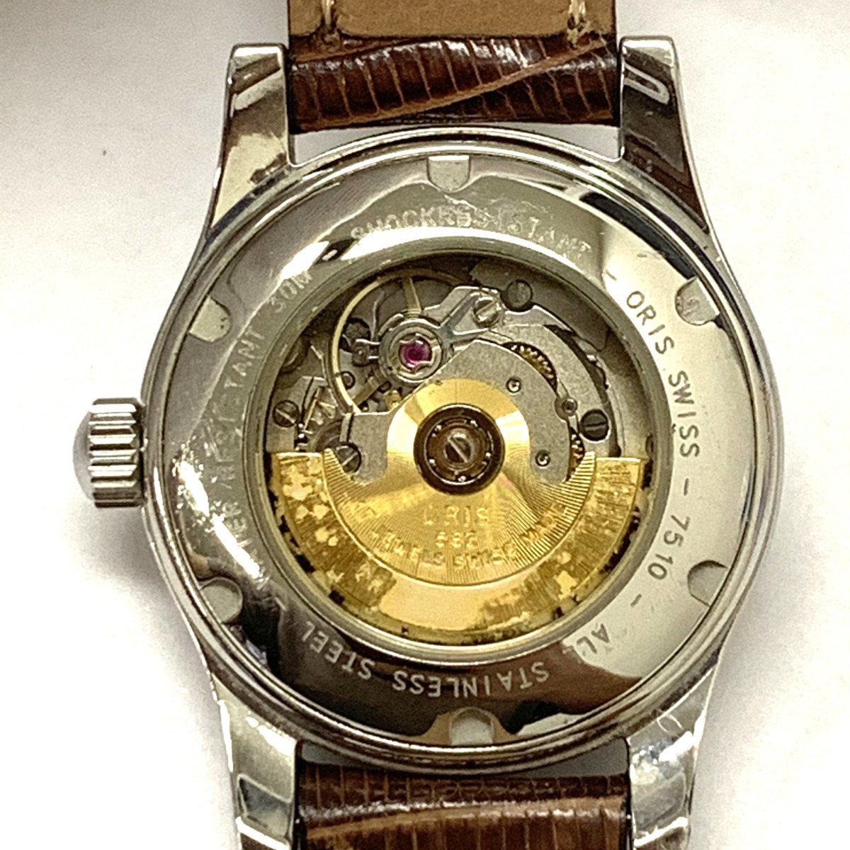 オリス ORIS 7510 自動巻き オートマチック 腕時計 レディース ウォッチ シルバー文字盤 デイト 裏スケ SS レザーブレス 不動品 ...