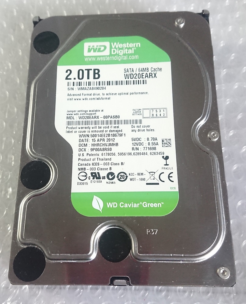 WesternDigital WD WD20EARX-00PASB0 内蔵3.5インチ SATA HDD 2TB 動作正常(2TB～)｜売買さ ...