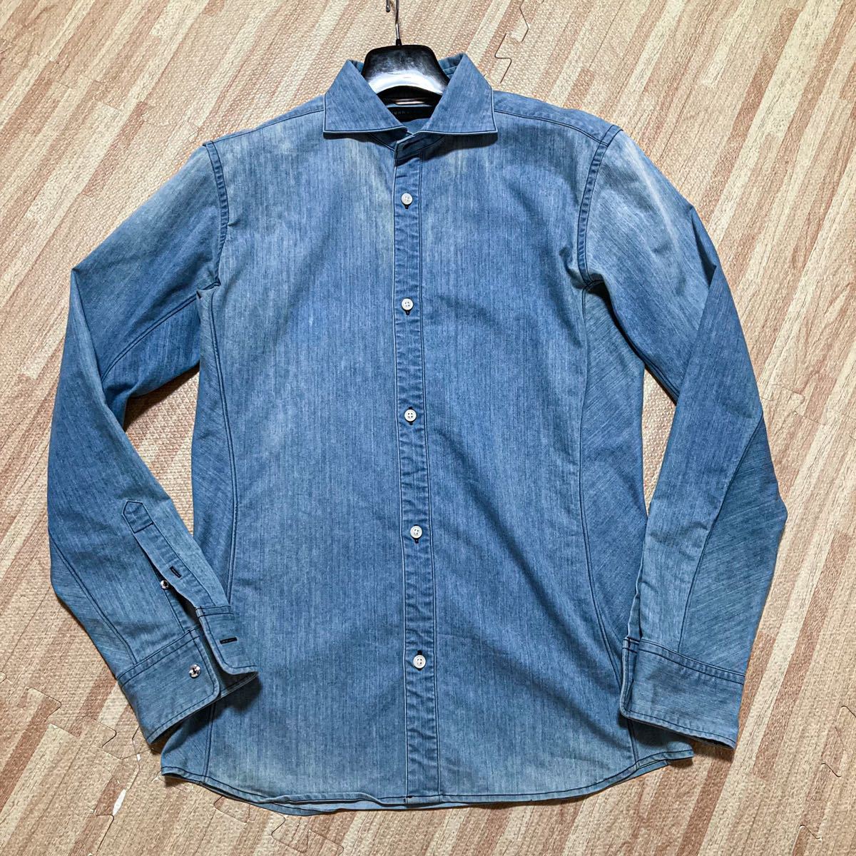 名作 jun hashimoto COOLMAX STRETCH DENIM仕様 HORIZONTAL SHIRTS シャツ サイズ3 M〜L相当 ジュンハシモト 定価約26 000円(長袖 ...