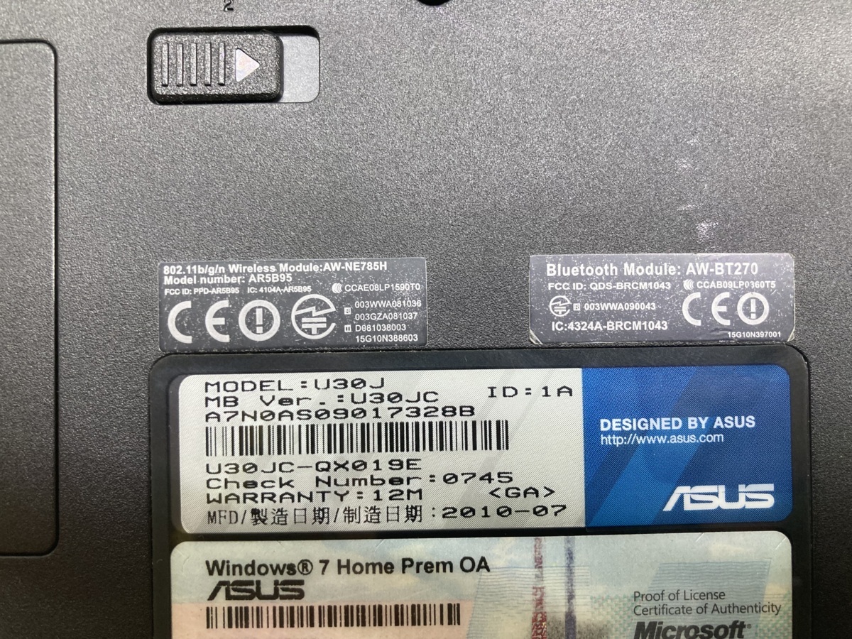 ASUS U30J intel i3 M350 2.27GHz メモリ2GB HDD320GB 13型 Windows 7 Home ...