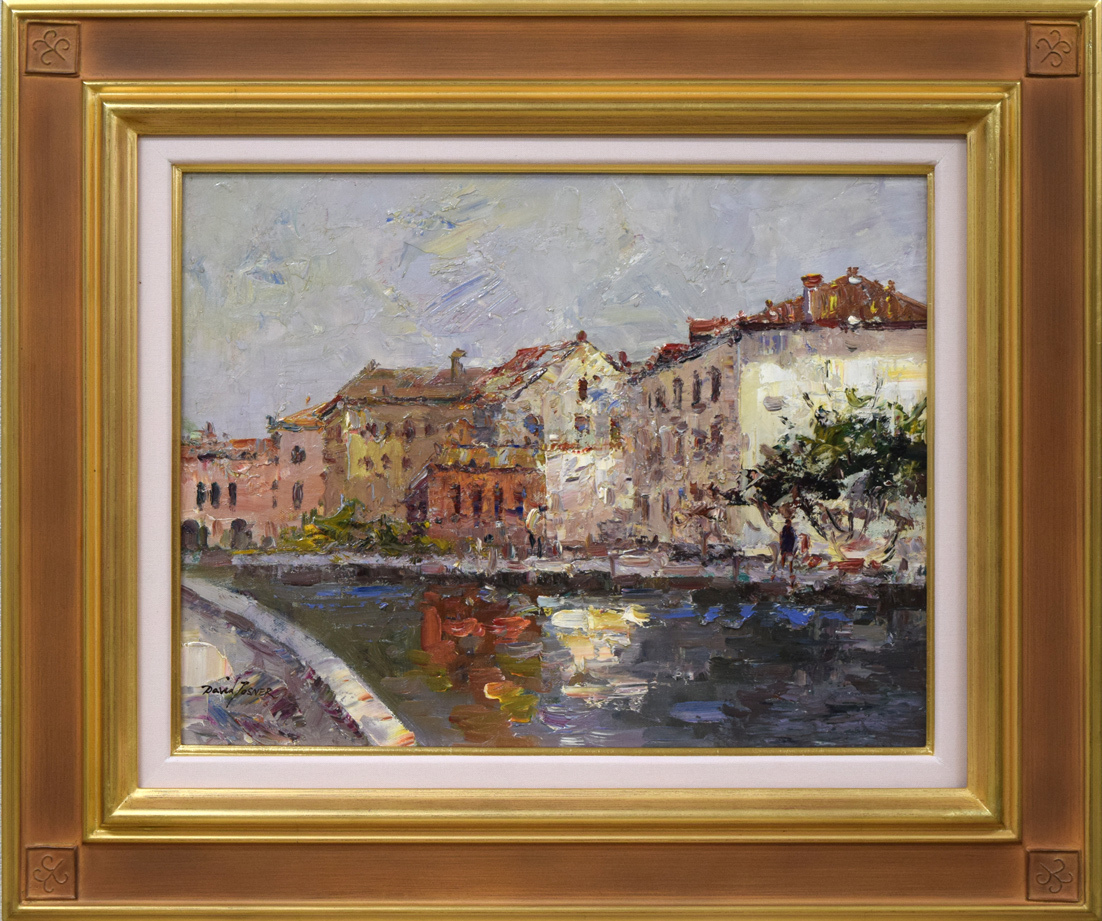 小竹美術 デビッド トスナー David TOSNER 河畔の街並 油絵 F6号 アメリカの 画家 ロサンゼルス在住 状態良好(自然、風景画 ...