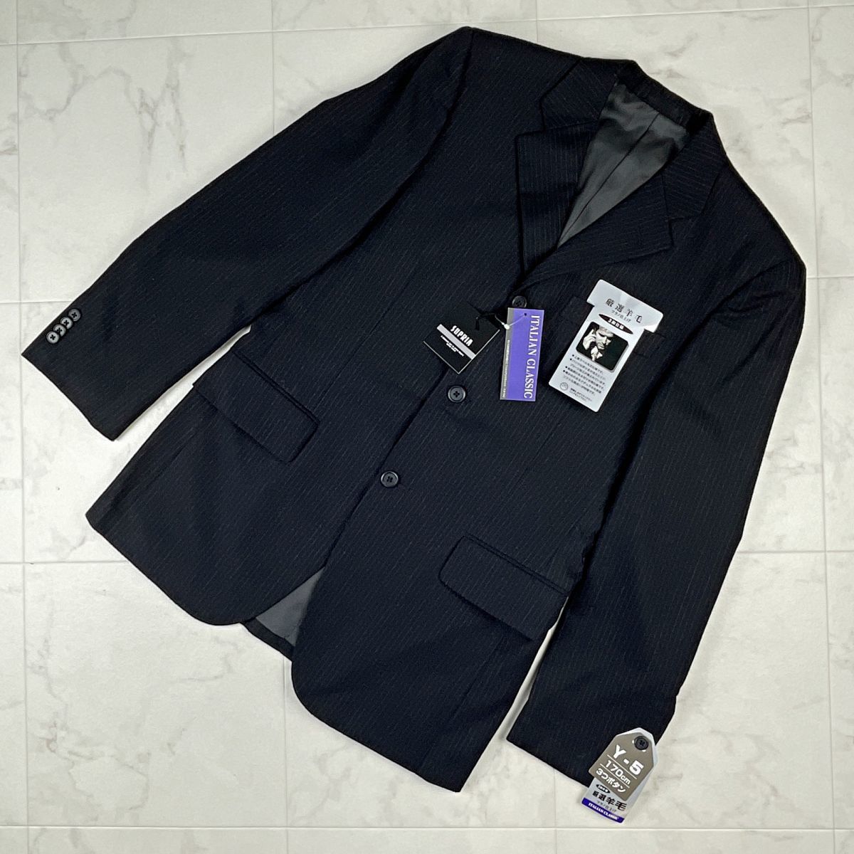 1円スタート オーダースーツ SUPRIA ストライプ テーラードジャケット 総裏 メンズ 黒 ブラック サイズM TA136(Mサイズ ...