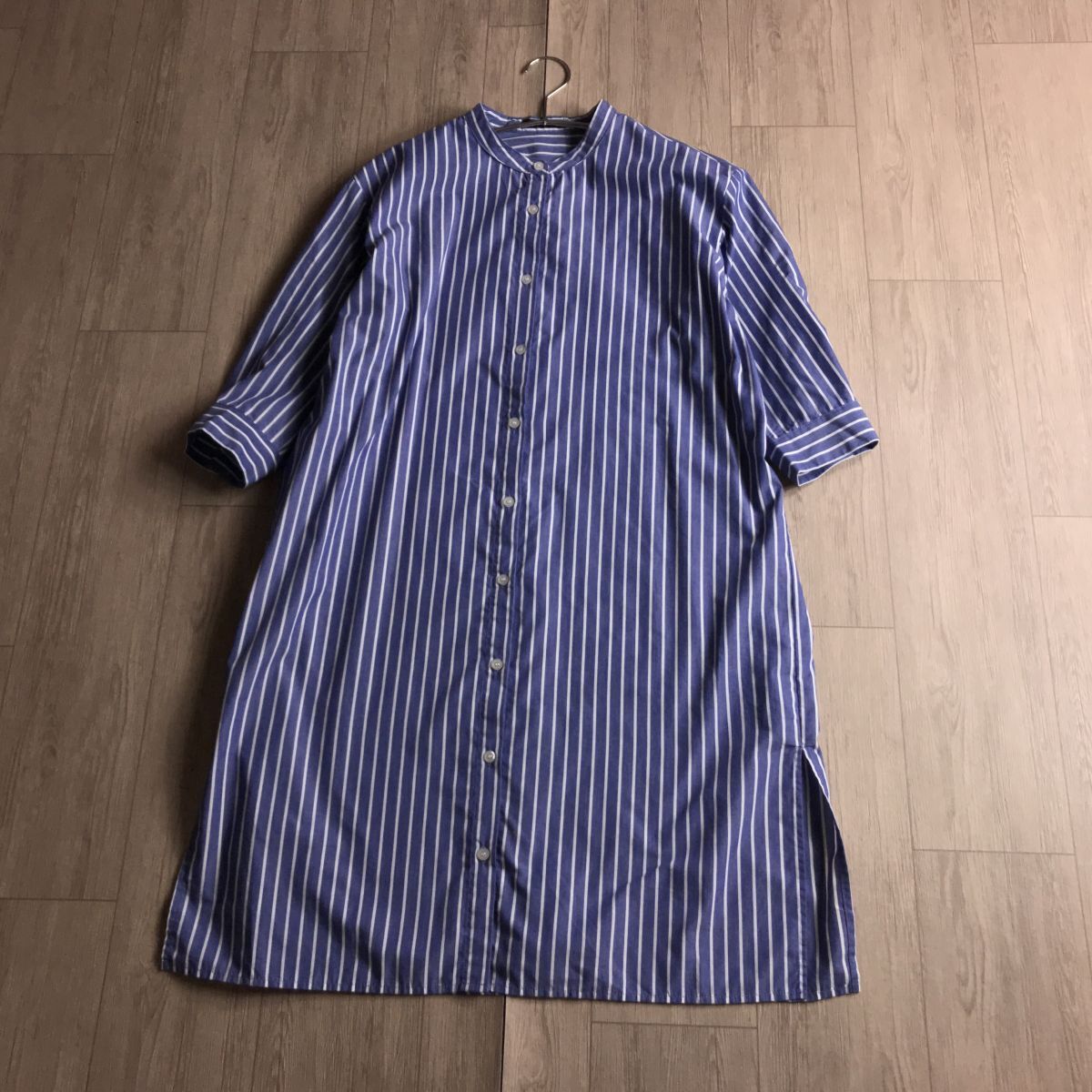 100円スタート blue strive バンドカラー ワンピース ブルーストライプ 横幅ゆったり 体型カバー(Lサイズ)｜売買された ...