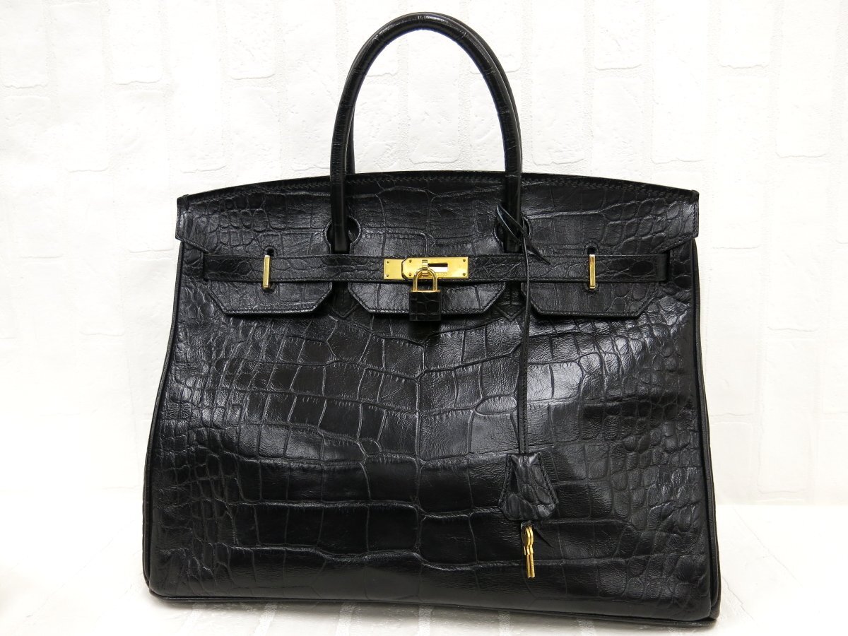 超 henry HIGH CLASS ヘンリーハイクラス クロコ型押し カーフ レザー 本革 ハンド バッグ ブラック ゴールド金具 ...