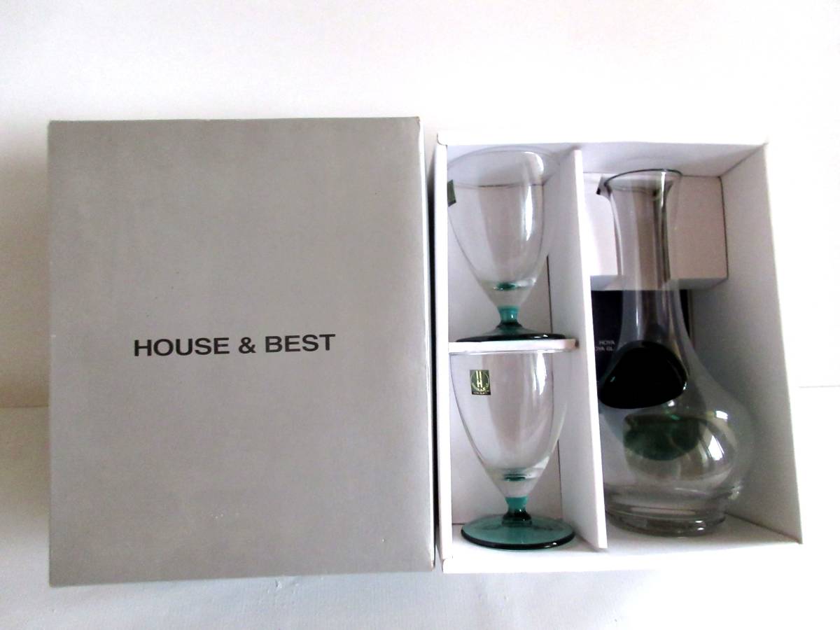CG143 1円 HOYA ホヤ カラフェ付き ペア ワイングラス UJS9630G HOUSE&BEST ハウス&ベスト 緑 グリーン ...