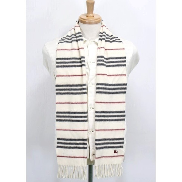 E486 BURBERRY BLACK LABEL カシミヤ100% マフラー ホワイト ストール ショール ボーダー ストライプ ホース刺繍 フリンジ バーバリー(マフラー)｜売買された ...