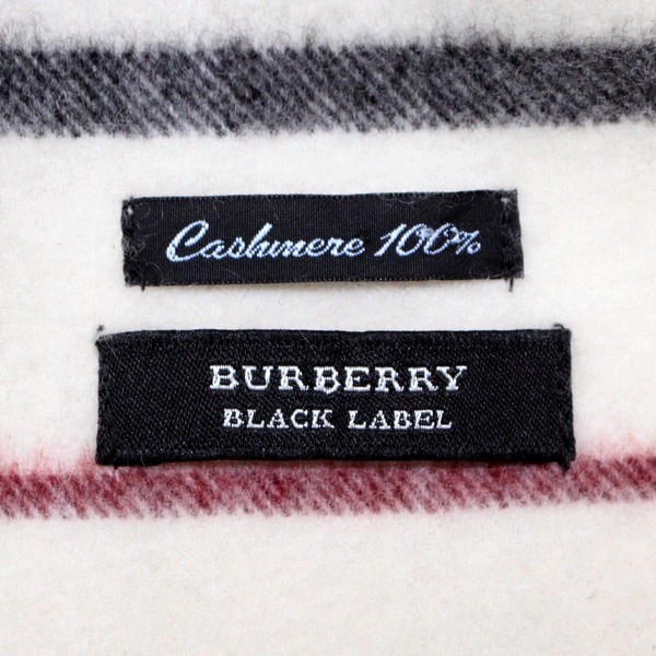 E486 BURBERRY BLACK LABEL カシミヤ100% マフラー ホワイト ストール ショール ボーダー ストライプ ホース刺繍 フリンジ バーバリー(マフラー)｜売買された ...