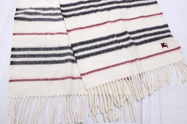 E486 BURBERRY BLACK LABEL カシミヤ100% マフラー ホワイト ストール ショール ボーダー ストライプ ホース刺繍 フリンジ バーバリー(マフラー)｜売買された ...