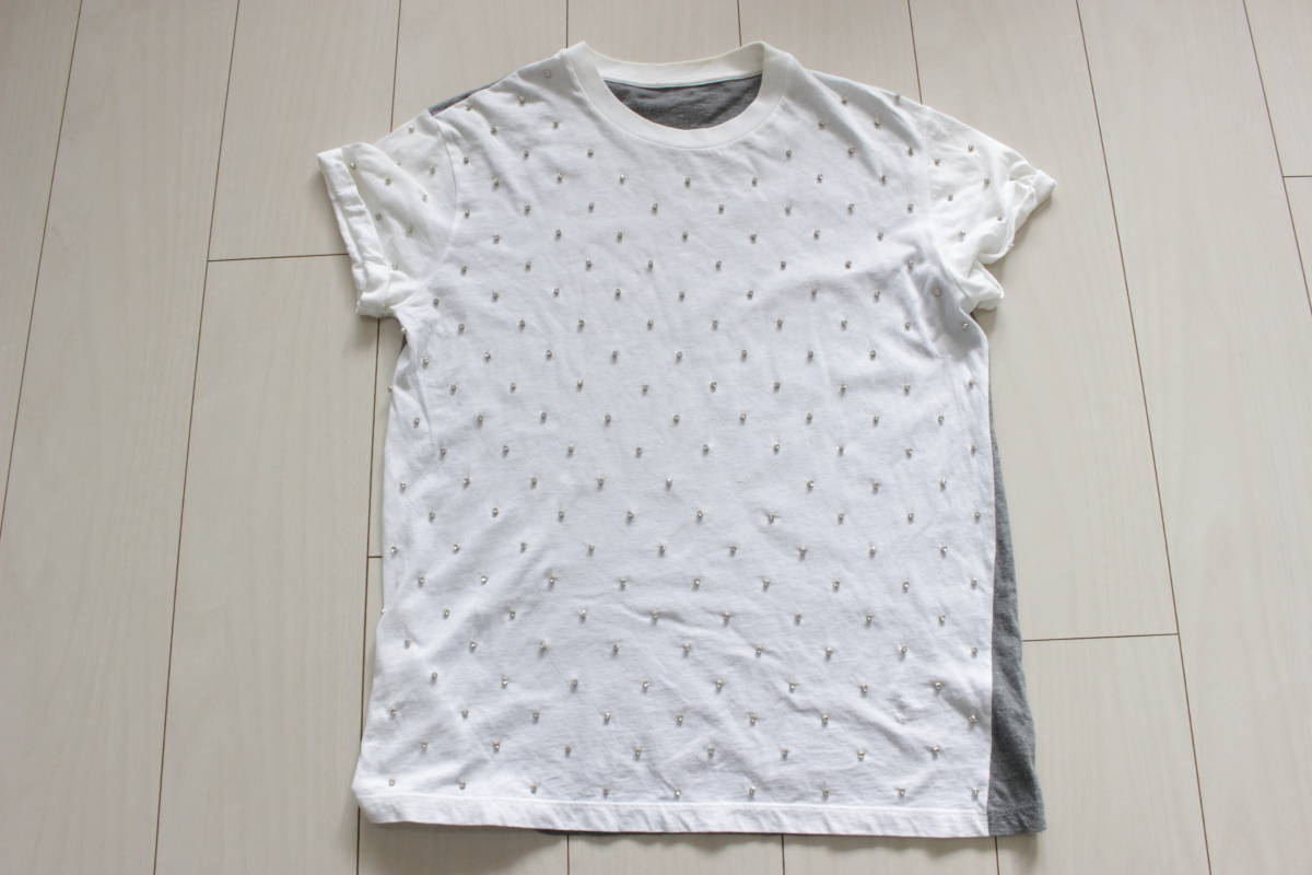 4297 MIUMIU ミュウミュウ ラインストーン ジュエリー 切替 Tシャツ カットソー 白 グレー XSサイズ 86274 正規(半袖T ...