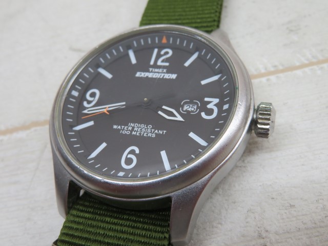 TIMEX 905 腕時計 ブラック/ベルトカーキ EXPEDITION デイト クォーツ アナログ タイメックス 電池交換済み 26710② ...