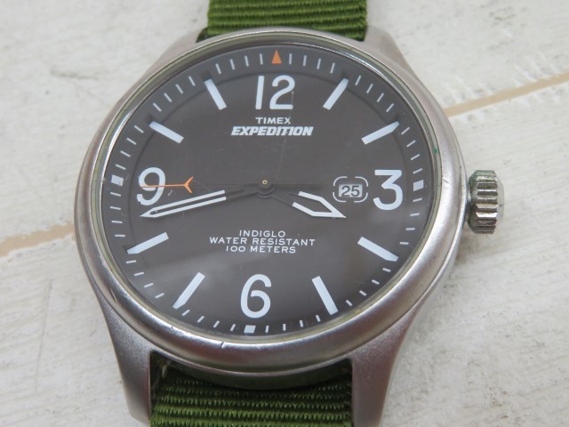 TIMEX 905 腕時計 ブラック/ベルトカーキ EXPEDITION デイト クォーツ アナログ タイメックス 電池交換済み 26710② ...