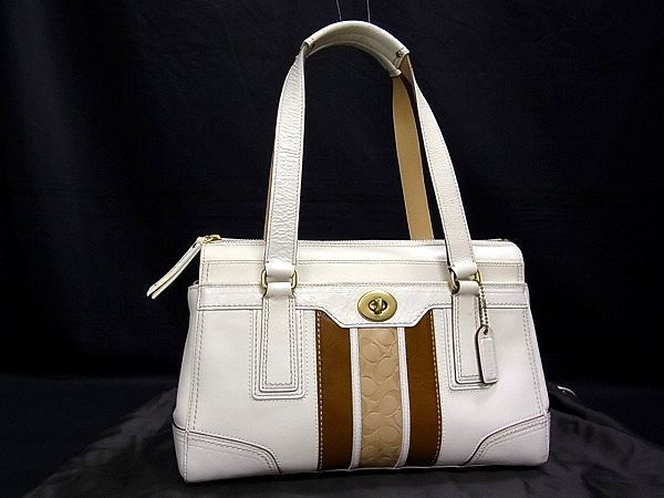 1円 極 COACH コーチ 11609 ハンプトンズ シグネチャー レザー ハンドバッグ トート ショルダー レディース オフホワイト系 ...