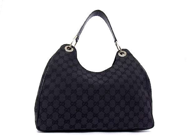1円 GUCCI グッチ 244343 204046 GGキャンバス×レザー シルバー金具 トート ワンショルダーバッグ 肩掛け ブラック系 ...