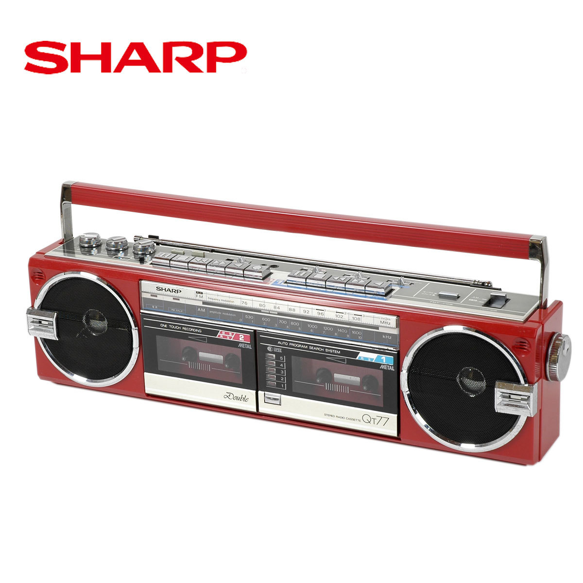 337-62 昭和レトロ 当時物 SHARP/シャープ QT77 FM AM ステレオ ダブルラジカセット/Wラジカセ レッド ヴィンテージ ...