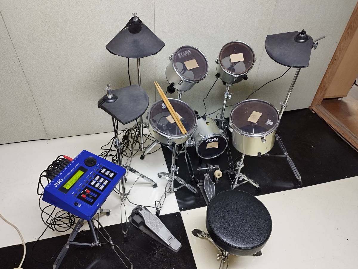 島村楽器オリジナル JUG 静音マッフルヘッド JU-DTR5 電子ドラム 音源モジュール キックペダル スローン付き 音出しOK がジャンク ...