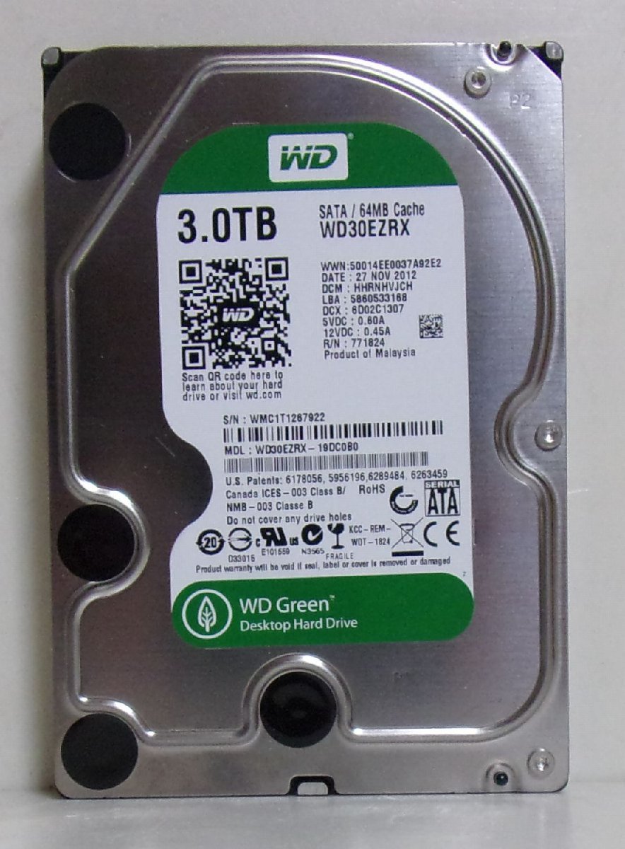 WesternDigital製 3.5インチタイプHDD WD30EZRX 3TB SATA接続 使用約12946時間 エラー無し 消費税込 ...