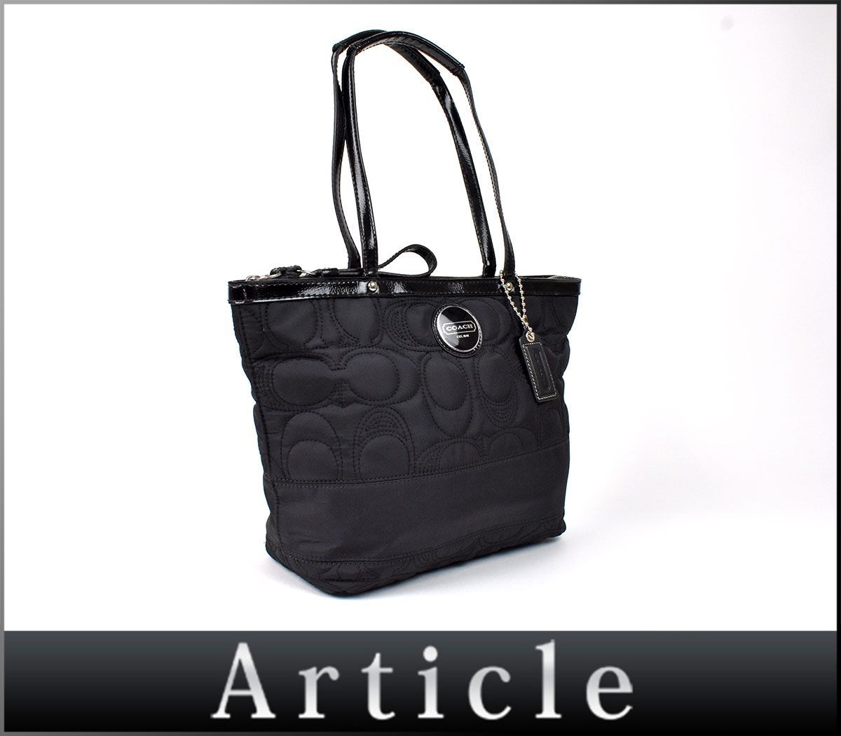 151455〇 COACH コーチ シグネチャー ステッチ ストライプ トートバッグ 肩掛け F17668 ナイロン パテントレザー ブラック ...