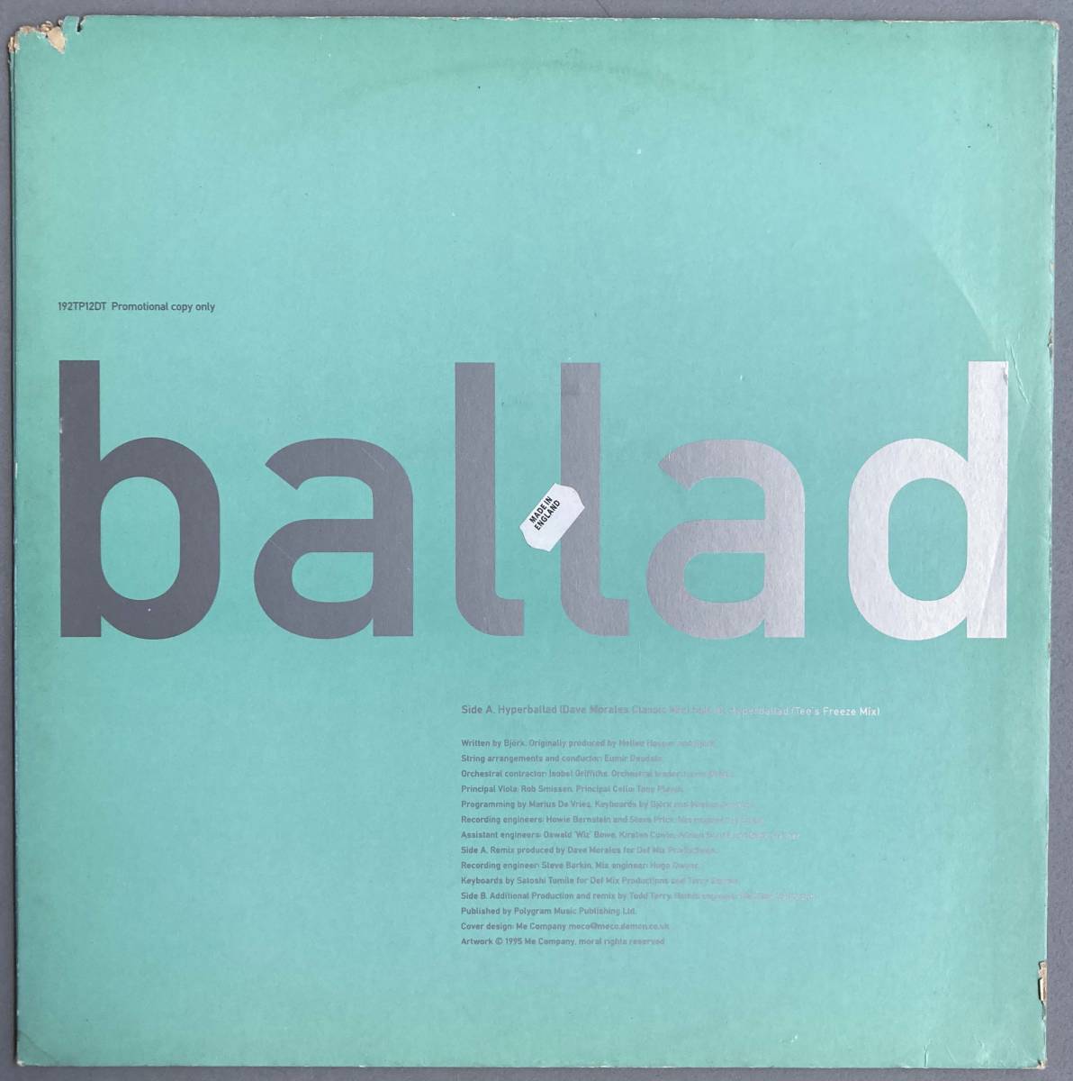 UK盤/12EP Bjork ビョーク / Hyperballad David Morales / Todd Terry Mixes ...