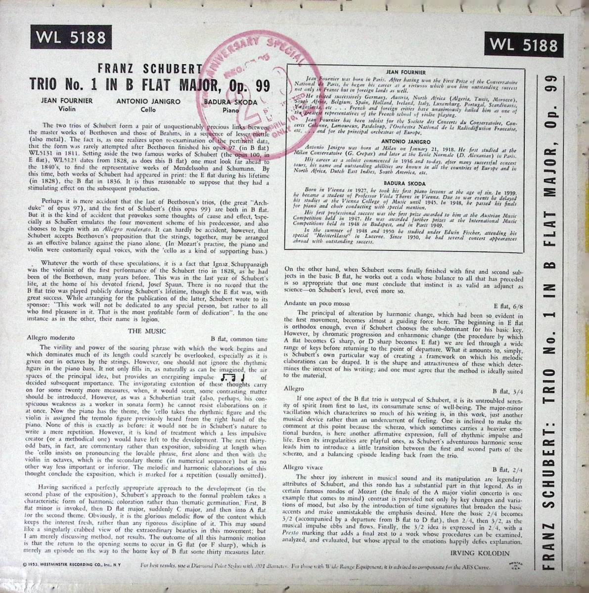 Jean Fournier/A. Janigro/B. Sukoda Shuberto Piano Trio No.1 Op.99 US ...