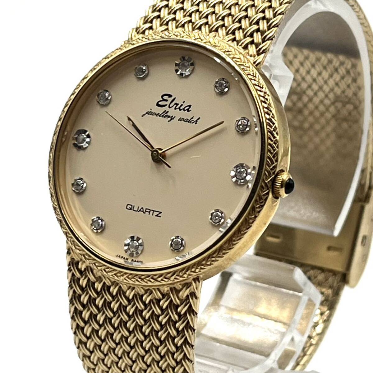 1円 稼動 入手困難 エルリア ELRIA クォーツ QZ 腕時計 12p ダイヤ 天然石 ゴールド RA401-P Y-H251 ラウンド ...
