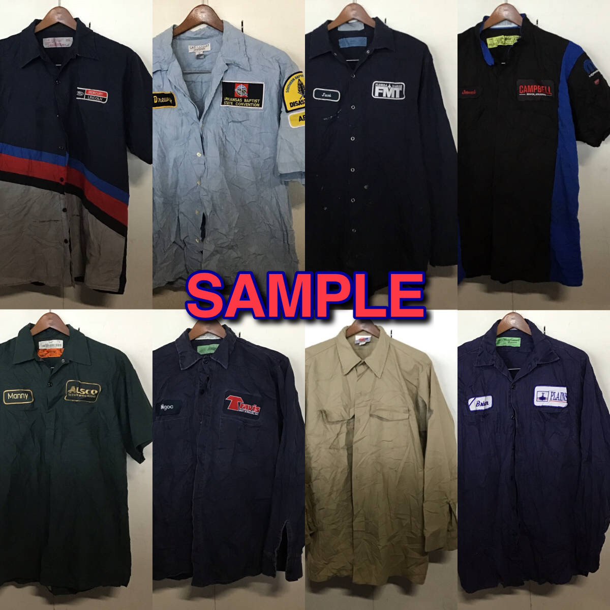 T1015 目玉商品 アメリカ古着卸オススメWORK SHIRT 大量50kgベール ワークブランド S/S L/S ワッペン付き プレーン ...