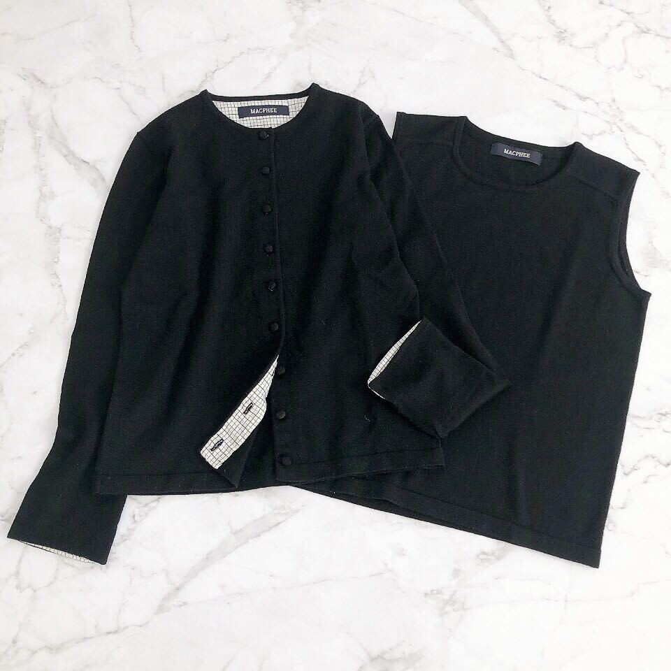 MACPHEE マカフィー トゥモローランド アンサンブル ニット チェック柄 ウール100% カーディガン ノースリーブ くるみボタン ブラック 黒(トップス)｜売買されたオークション情報 ...