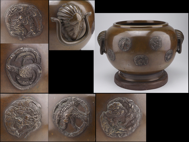 夢工房 時代宣徳銅五獣神遊環耳丸形火鉢 3.4kg 巾35㎝ LY73(その他)｜売買されたオークション情報、yahooの商品情報をアーカイブ ...