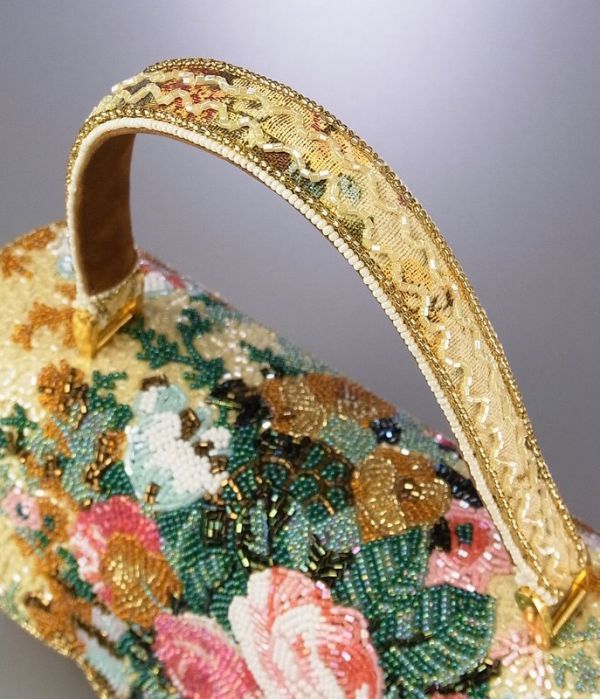 J2270 ルミーはしもと/Lumy ビーズ刺繍×ジャガード織り 花柄/フラワー ビーズバッグ/ハンドバッグ/手提げ鞄/和装小物 シャンパン系 ...