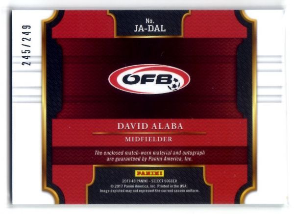 David Alaba ダヴィド アラバ 17-18 Select Jersey Autograph 直筆サイン入りジャージカード 245/ ...