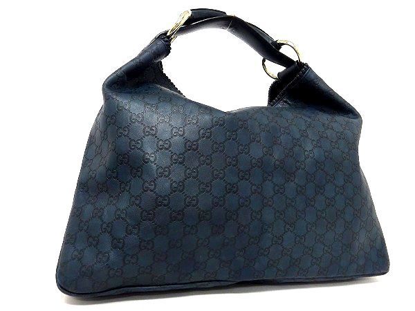 1円 極 GUCCI グッチ 114900 213317 ホースビット シマレザー ゴールド金具 ショルダーバッグ 肩掛け ダークブルー系 ...