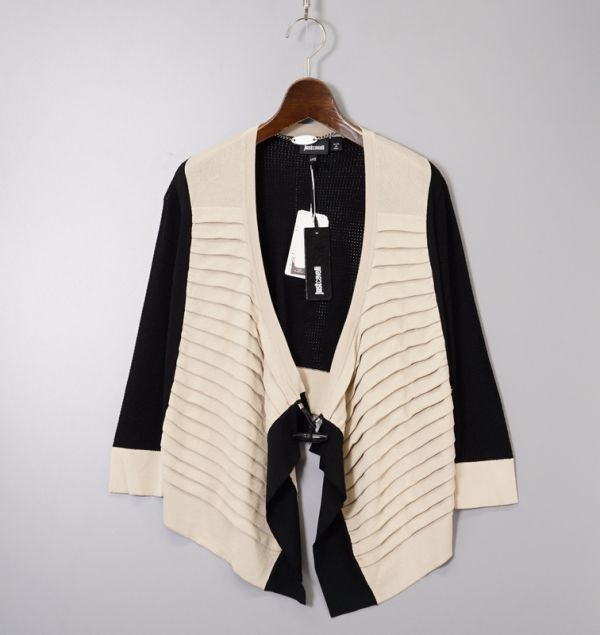 MB7060 /5.9万円 伊製 Just Cavalli/ジャスト カヴァッリ メッシュ/プリーツ トグルボタン 五分袖カーディガン 黒× ...