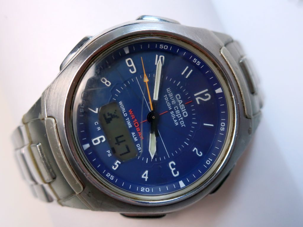 動品 カシオウェーブセプター 電波ソーラー 青 3針アナデジ ワールドタイム 3311 WVA-430J CASIO wave ceptor ...